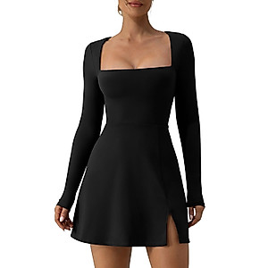 QINSEN Women's Plus Size Square Neck Bodice Dress High Waist Casual Short Dress Black XL