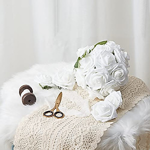 H.FLOLAVIDA White Foam Rose Artificial Flowers Heads with Stems, 25pcs Fake Flowers for DIY Wedding Decor, Baby Shower, Bridal Shower, Wedding Bouquet,Party Centerpiece Table Decorations