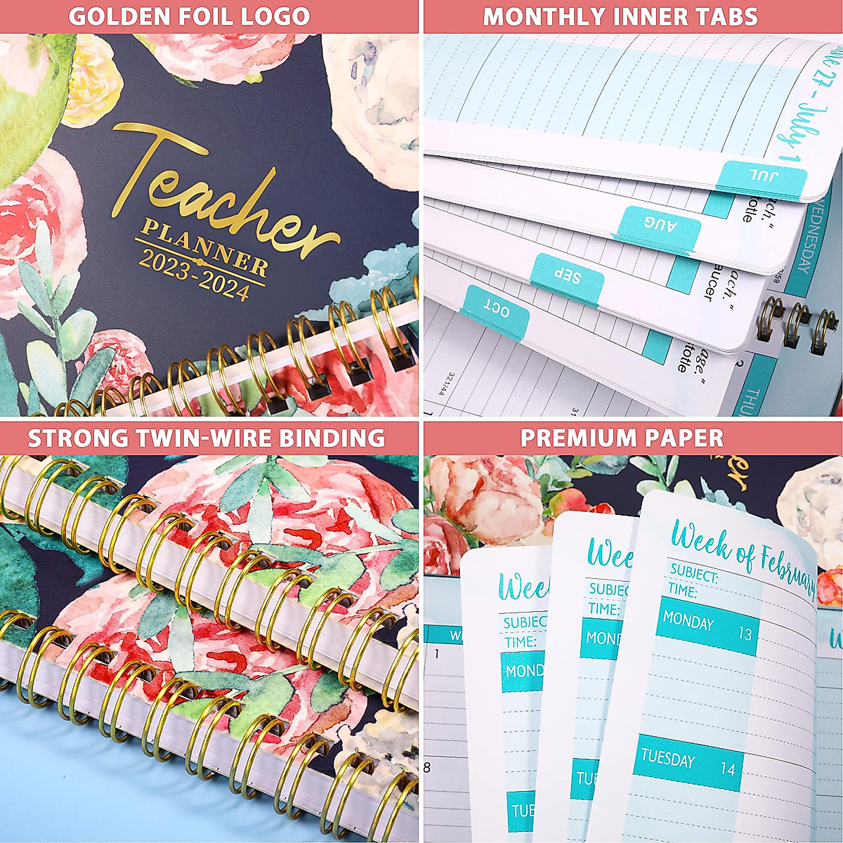 Teacher Planner 2023-2024 - 2023-2024 Teacher Planner, Academic Planner 2023-2024 from July 2023 to June 2024, 8" x 10", Teacher Lesson Plan Book with Quotes, Strong Twin-wire Binding - Floral