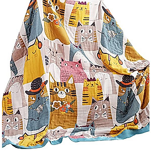 MEJU Cat Kitty Kids Girls Cute Blanket Throw for Bed Sofa Couch,100% Combed Cotton 4 Layer Soft Warm Quilt Throw Blanket Cartoon Bed Coverlet Twin 60" X 80"