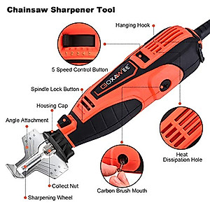 GOXAWEE Chainsaw Sharpener Kit 180W Power Chain Saw Sharpen Tool Set, Electric Blade Sharpening File Comes with 6pcs Diamond Sharpening Wheels, Angle Attachment (5 Speed Setting, 8000~35000 RPM)