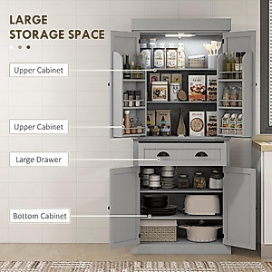 HOMCOM 71" Kitchen Pantry Cabinet with Motion Sensor Light, Tall Storage Cabinet with 6 Door Shelves, a Drawer & 4 Adjustable Shelves, for Living Room, Dining Room, Gray
