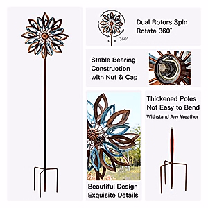 Cyan Oasis Yard Garden Wind Spinners with Solar Lights, Large Outdoor Metal Wind Spinners, Lawn Yard Art Garden Decor (22" W x 87" H)
