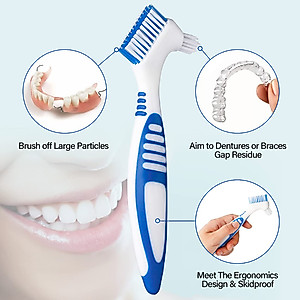 Anbbas 2pcs Double Bristle Head Denture Brush Dental Cleaning Brush with Portable Toothbrush Cup Holder, Properly Clean Oral Appliance