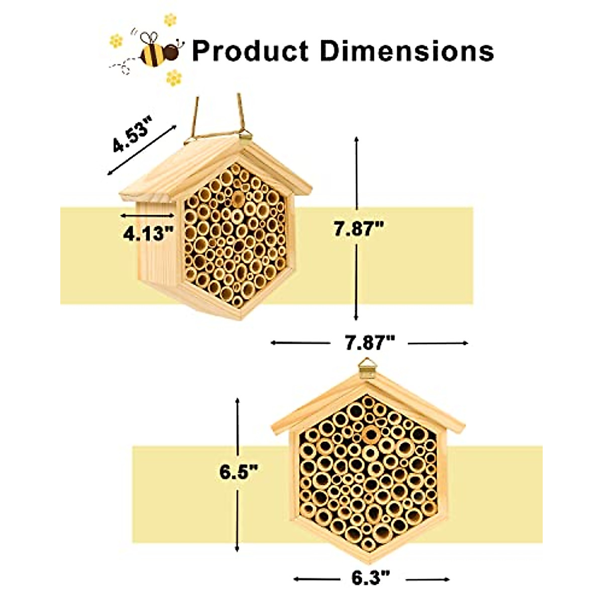 Mason Bee House - Handmade Wooden Bee Hotel Natural Bamboo Bee Habitat Hive Bee Box for Carpenter Bee, Garden Gifts, Pollinating Bees, Leaf Cutter Bee