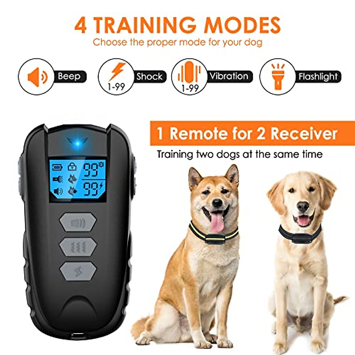 Dog Training Collar for 2 Dogs with Remote, Waterproof Rechargeable Electric Dog Shock Collar with Beep Vibration Shock Adjustable 0 to 99 Levels Dog Training Set for Large Medium Small Dogs
