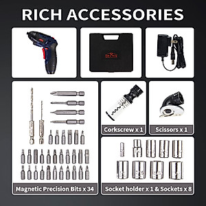 Dextra 3 In 1 Cardboard Cutter Electric Screwdriver Wine Opener, Cordless Electric Scissors,4V Rechargeable Screwdriver with Corkscrew,34PC Magnetic Precision Bits,8 Sockets,Rotary Handle,Carry Case