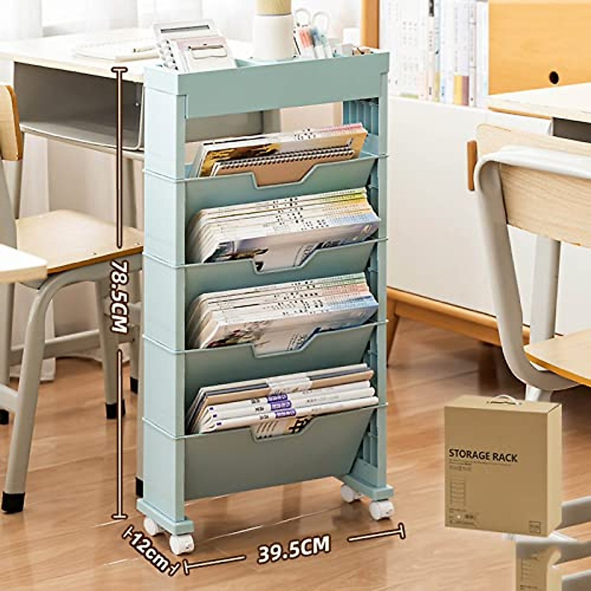 BFYDOAA 5 Tier Rolling Organizer Cart,Mobile Bookcase with Wheels Movable Bookshelf Cart with Drawers for Classroom School Bedroom Groceries Office(Blue)