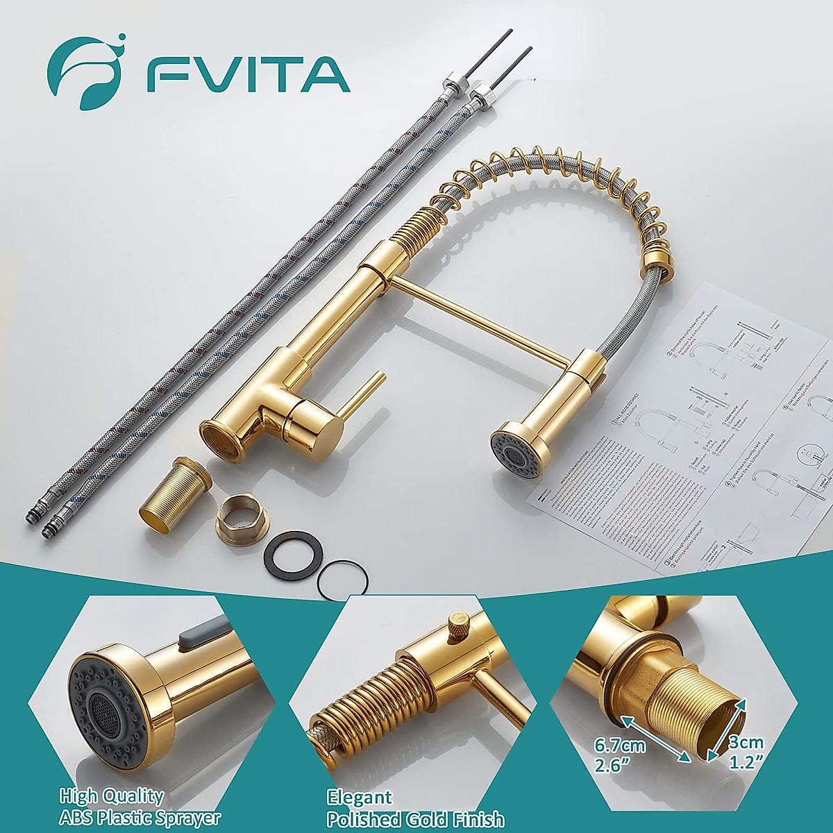 FVITA Polished Gold Kitchen Faucet with Pull Down Sprayer,Lead-Free Solid Brass 16.1'' Kitchen Sink Faucet Single Handle Spring Swan Neck Faucet High Arc Single Hole Faucet for Kitchen Sink