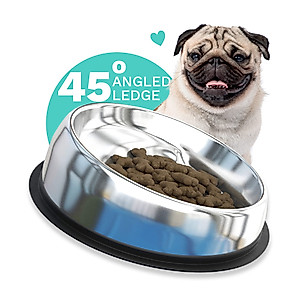 Enhanced Pet Bowl, Stainless Steel Slanted Dog Bowl with Raised Ridge for Flat-Faced Dog Breeds or Cats, Food-Grade Non-Slip No Spill Bowl for Dogs, Less Mess, Less Gas, and Better Digestion, Medium