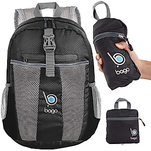 bago Lightweight Small Hiking Backpack for Women and Men - 25L Travel Day Pack - Foldable Hiking Daypack Ultralight for Camping Outdoor Sports - Day Bag Packable Backpack for Travel (Black)