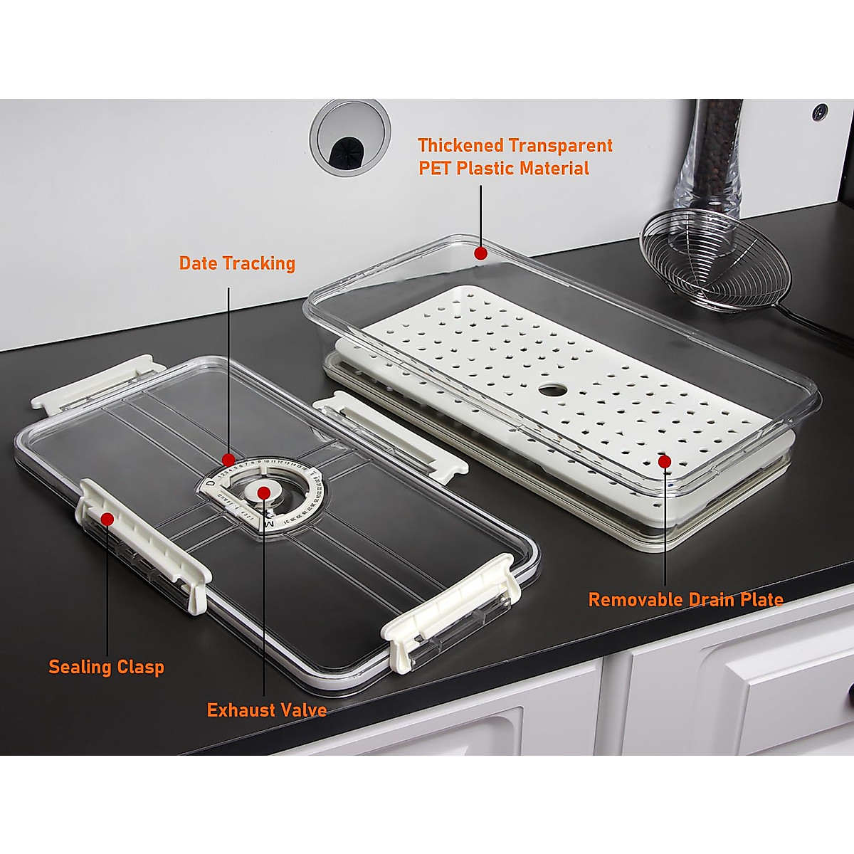 Bacon Storage Container with Air-sealed Tight Lid for Fridge Bacon Holder Deli Meat Cheese Keeper with Food Serving Tongs and Drain Plate for Refrigerator