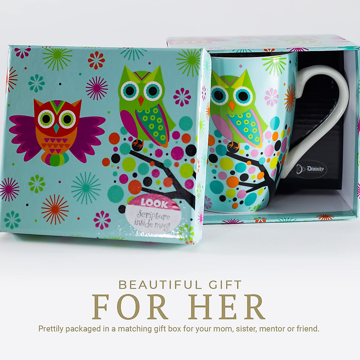 Divinity Boutique Owl Mug - Inspirational Ceramic Coffee Mug with Scripture for Women, Mom, Friends, Owl Lovers that is Colorful and Dishwasher Safe