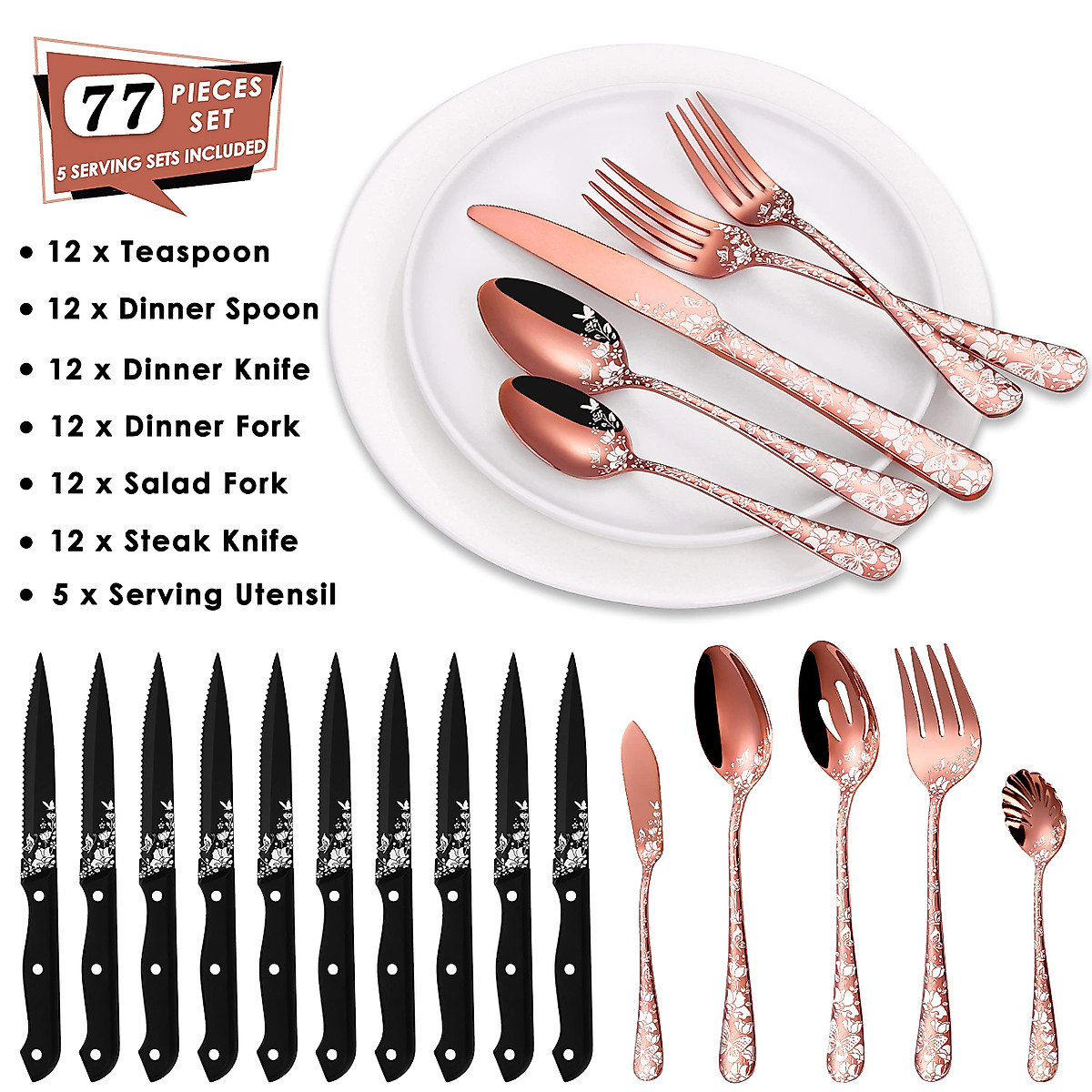 Stapava 77-Piece Rose Gold Silverware Set for 12, Plus Steak Knife & Serving Set, Stainless Steel Flatware Cutlery Set, Mirror Eating Utensils Tableware with Butterfly Flower Laser, Dishwasher Safe