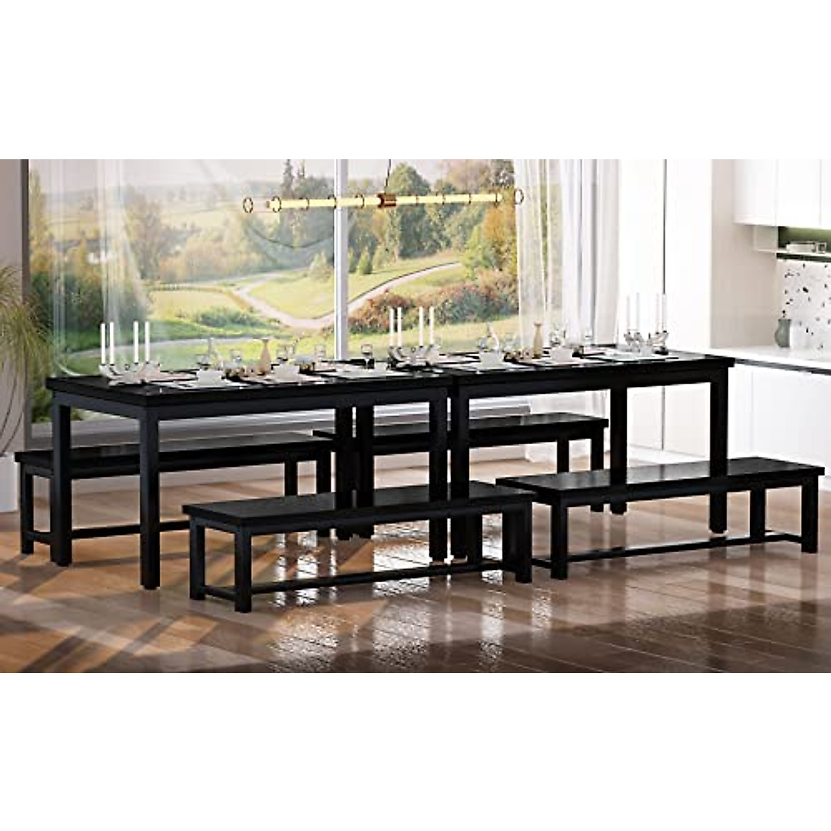AWQM 43.3" Dining Table Set for 4 with 2 Benches, Metal Frame & Thickened Board for Kitchen, Restaurant, Black