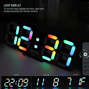 LED Digital Clock Neon Clock 9.7" Black Gaming Clock RGB LED Wall Clock for Living Room Desk Clock Large Display Aesthetic Clock for Bedroom, Colorful Rainbow Number Clock with Remote Control KOSUMOSU