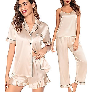 SWOMOG Womens Pajamas Satin 4 Piece Sleepwear Cami Tops And Ruffle Shorts Silk Long Pajama Pants Soft Summer Loungewear Pjs Champagne