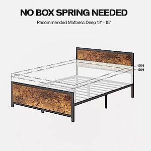 DOGIBIXO Queen Size Bed Frame with Wooden Headboard & Footboard, Rustic Platform Metal Bed Frame with LED Lights, No Box Spring Needed, Metal Slats Support, Easy Assembly, Brown