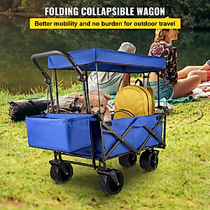 Utility Wagon with Canopy and Rear Storage - Collapsible Folding Garden Cart for Camping, Groceries, and Shopping - Blue