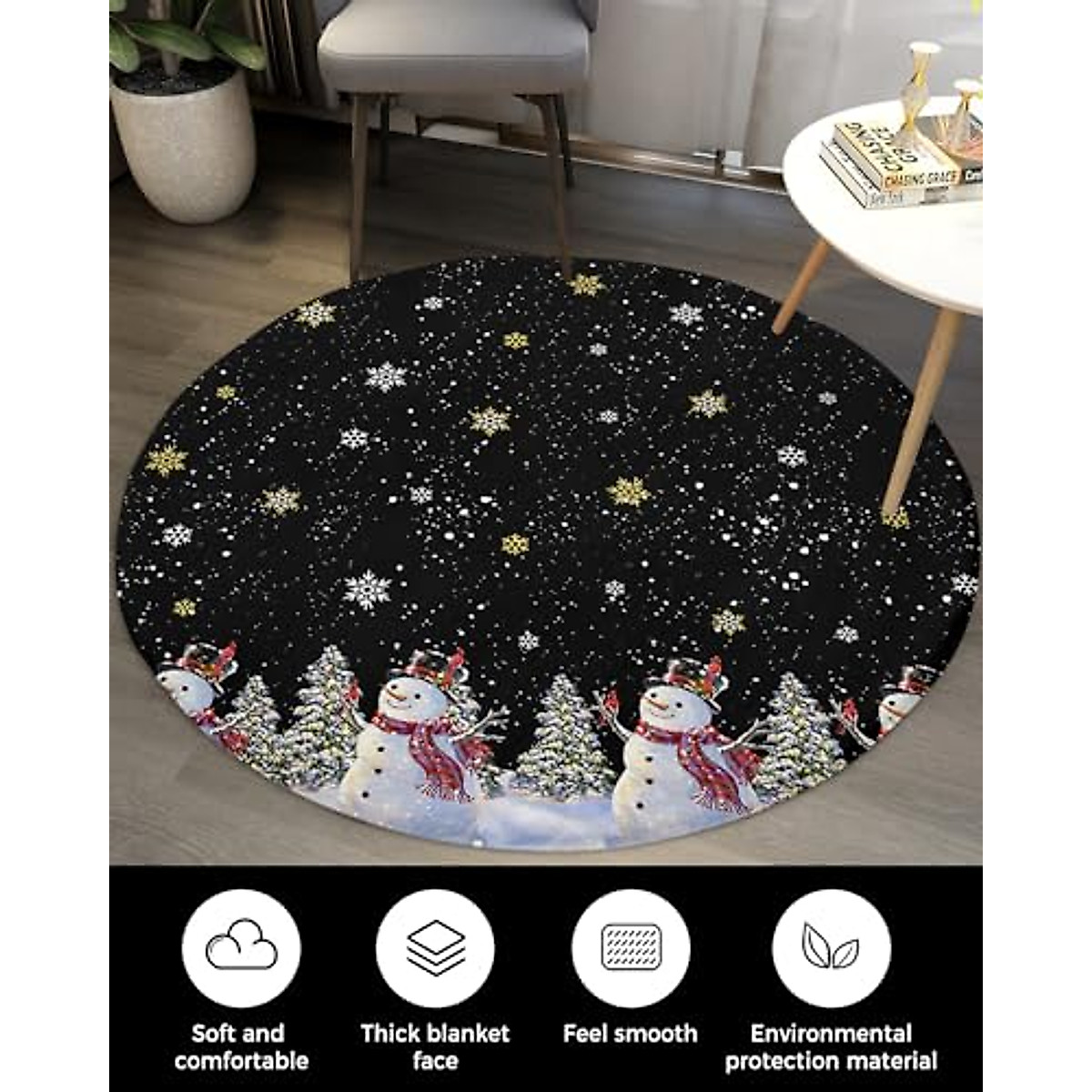 Christmas Black Fluffy Round Area Rug Carpets 3ft, Plush Shaggy Carpet Soft Circular Rugs, Non-Slip Fuzzy Accent Floor Mat for Living Room Bedroom Nursery Home Decor Snowman Gold Snowflake Xmas Tree