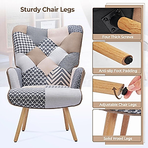 Bafode Accent Chair, Arm Chair for Living Room, Reading Chairs with High Back and Solid Wood Legs, Comfy Chairs for Bedroom, Boho Decor Patchwork Lounge Chair for Office or Balcony(Grey)