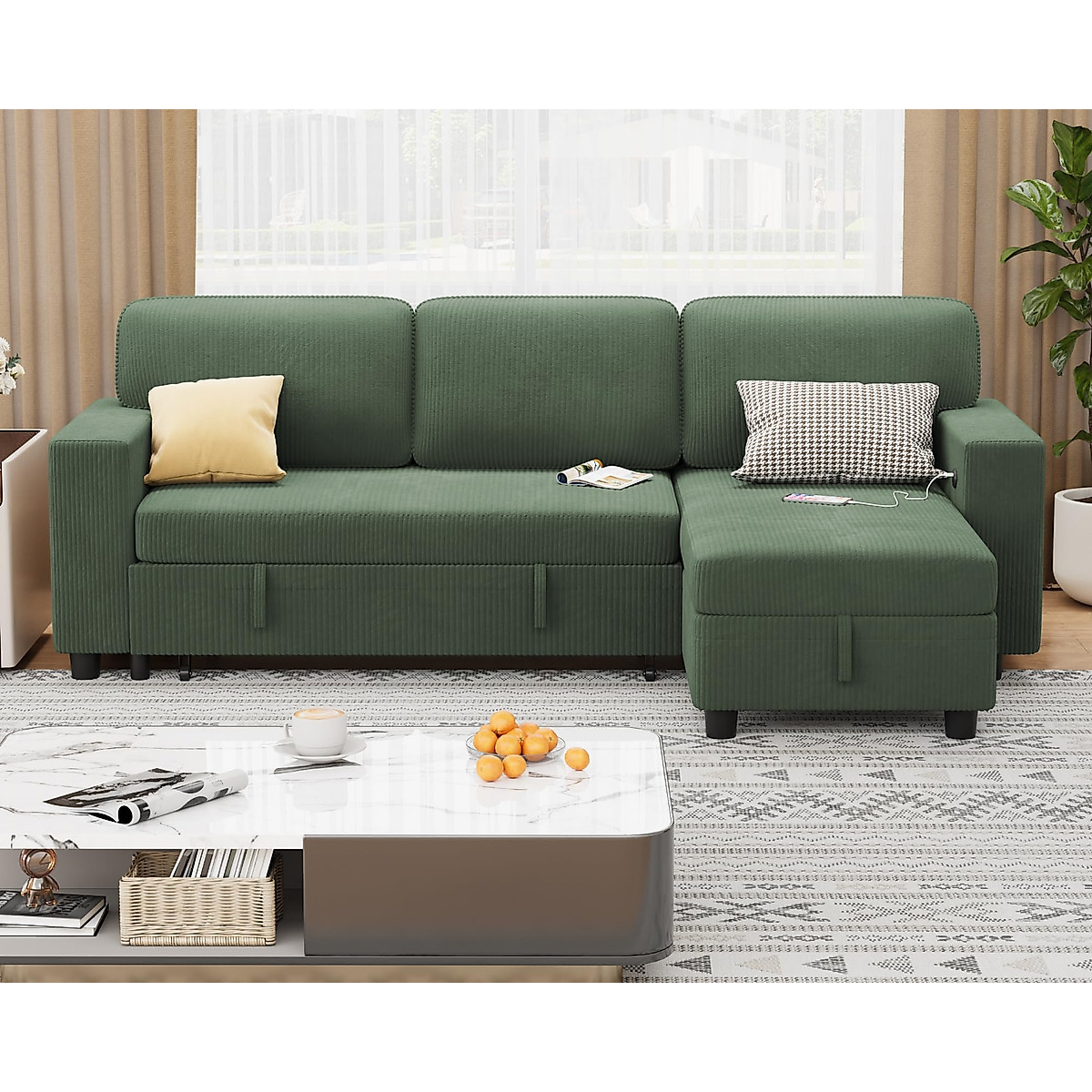 Flamaker 80" Sleeper Sofa, Sofa Bed with Built-in Large Storage and 2 Bookshelves, Convertible Sectional Sofa Couch, Pull Out Couch with USB, Modern Couches for Living Room (Corduroy, Green)