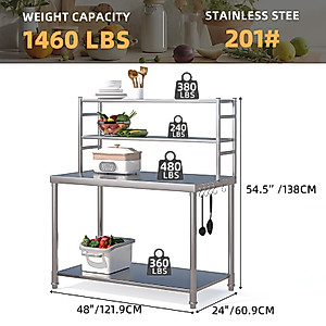 Stainless Steel Table 48×24 Inches Metal Work Table Undershelves and Overshelves, Commercial Workstations, Utility Table for Home Kitchen Restaurant Garage Laundry Room Outdoor