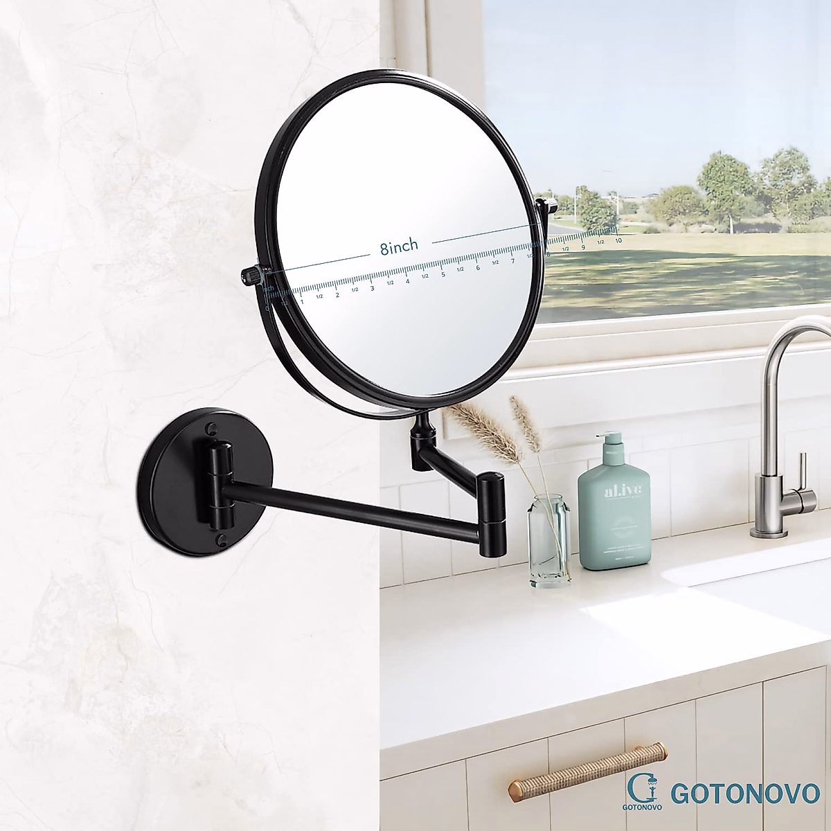gotonovo Wall Mounted Magnifying Mirror Pivoting Arm Double Sided Swivel Makeup Vanity Black Telescoping Handheld Mirror 8 Inch Magnification Round Base