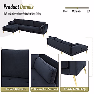 P PURLOVE Sectional Sofa Couch, L-Shape Upholstered Couch with Two Pillows for Living Room Home Furniture, Black