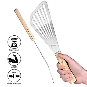 HOTEC Stainless Steel Thin Slotted Fish Turner Spatula with wooden handle