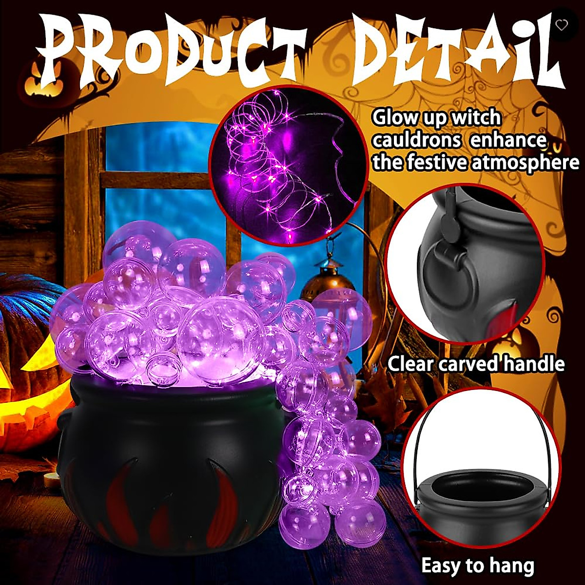 YUJUN 3 Packs Halloween DIY Bubbling Cauldron Bowl Decorations with Transparent Spheres Black Plastic Witch Jar Kettle Party Decoration Vintage Spooky for Halloween Indoor Home Table Decor Supplies