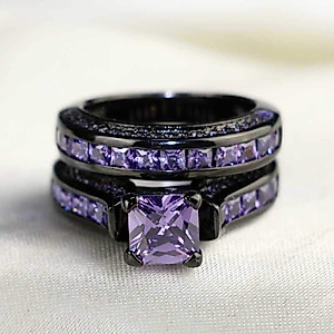 ringheart Luxury Couple Rings Black Gold Filled Princess Cut Purple Cz Womens Wedding Ring Sets Man Tungsten Wedding Band