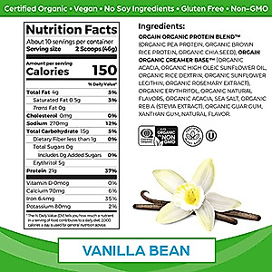 Orgain Organic Vegan Protein Powder, Vanilla Bean - 21g Plant Based Protein, Gluten Free, Dairy Free, Lactose Free, Soy Free, No Sugar Added, Kosher, For Smoothies & Shakes - 1.02lb