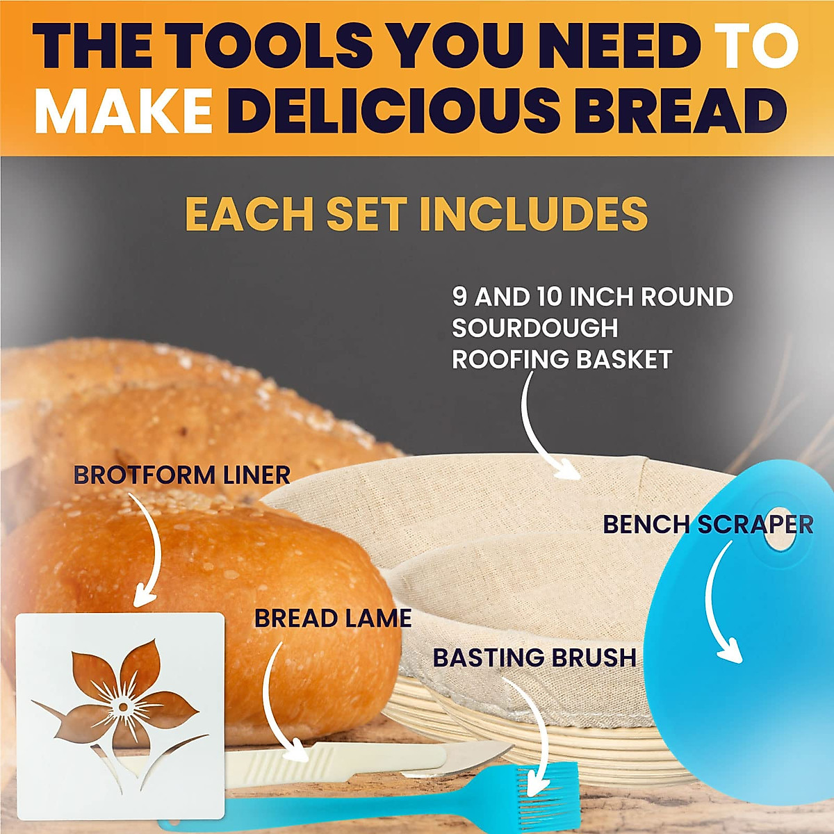 Bread Banneton Proofing Basket Set | 9” & 10” Round Baking Bowl Kit for Sourdough | Includes Dough Scraper, Bread Lame, Brotform Cloth Liner, Basting Brush (Blue)
