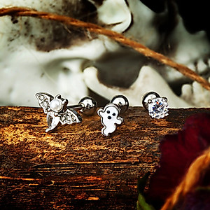 Jewseen 16g Cartilage Earring 3pcs Conch Earring 316L Stainless Steel Helix Earring Bat Tragus Earrings Ghost Piercing Jewelry for Halloween Day