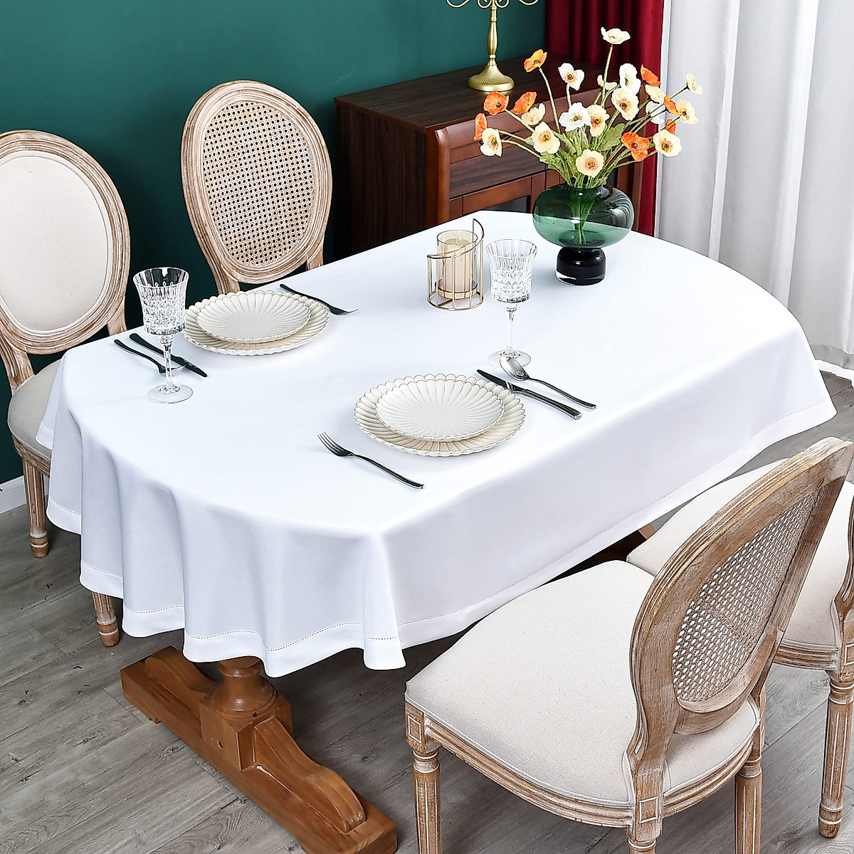 NEWISHER Farmhouse Oval Hemstitch Border Tablecloth Neutral Faux Linen Table Cloth Rustic Solid White Table Cover for Dining Kitchen Party Holiday Home 60x84 Inch