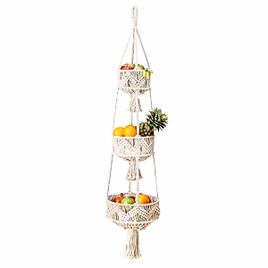 Folkulture 3 Tier Hanging Fruit Basket for Kitchen, Macrame Hanging Basket for Fruit and Vegetable Storage, Boho Wall Baskets for Organizing, Boho Decor for Indoor Plants, 46 Inches Long