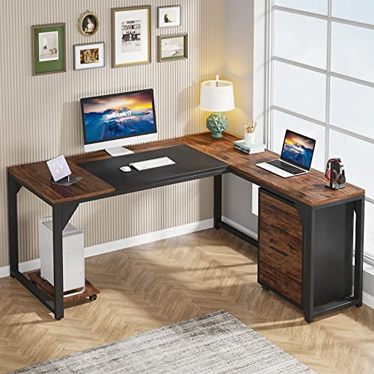 Tribesigns 63" L-Shaped Computer Desk with Mobile File Cabinet, Large Executive Office Desk with 3-Drawer Vertical Filing Cabinet, Business Furniture Sets for Home Office