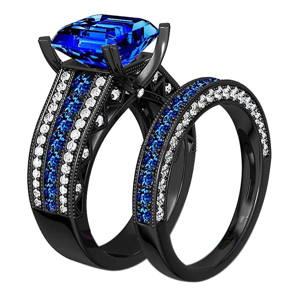 ringheart 2 Rings Luxury Couple Rings Black Gold Filled Princess Cut Blue Cz Womens Wedding Ring Sets Man Tungsten Wedding Band (Please Buy Two Rings for one Pair)