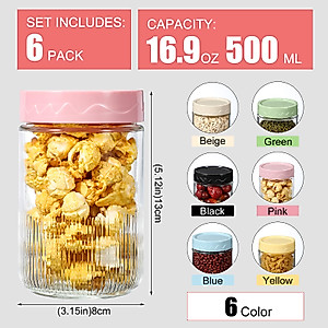 Dandat 6 Pcs Overnight Oats Container with Lid Overnight Oats Jars Glass Airtight Mason Jars Colorful Overnight Oatmeal Storage Container Fresh and Long Lasting for Milk Cereal (16.9 oz)
