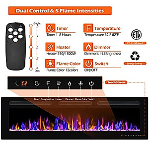 BETELNUT 50" Electric Fireplace Wall Mounted and Recessed with Remote Control, 750/1500W Ultra-Thin Wall Fireplace Heater W/Timer Adjustable Flame Color and Brightness, Log Set & Crystal Options
