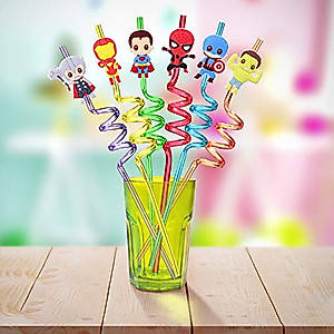 24 Superhero Party Favors Reusable Drinking Straws with Cartoon Decorations Great for Super Hero Birthday Party Supplies with 2 Cleaning Brush