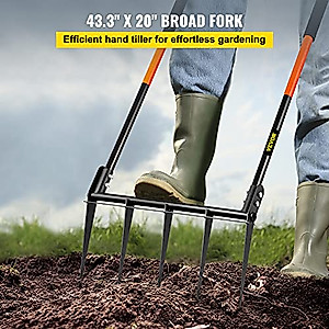 VEVOR Broad Fork Tool, 5 Tines 20 in Wide, Garden Tool with Fiberglass Handle for Gardening and Cultivating, Aerate Clay Soil for Farm