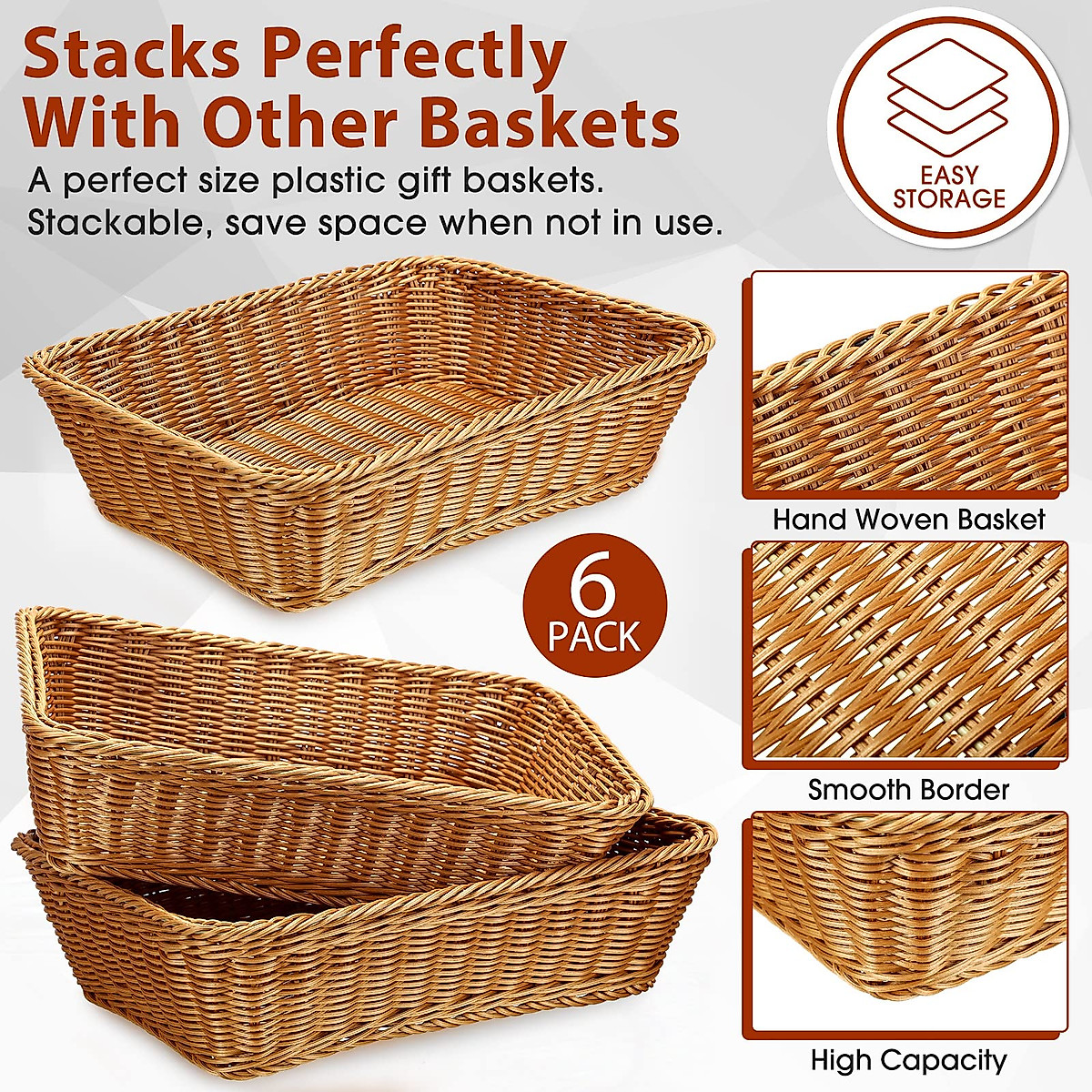 Eccliy 6 Pack Poly Wicker Bread Basket Imitation Rattan Woven Bread Baskets Woven Tabletop Food Fruit Vegetables Serving Basket for Restaurant Serving Display Home Outdoor Restaurant(15.7 Inch)