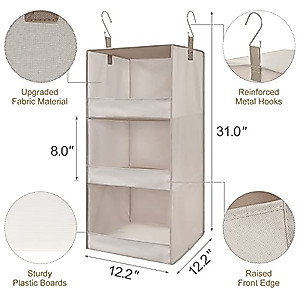 TOPIA HOME 3-Shelf Hanging Closet Organizer, Upgraded Thickened Fabric Hanging Closet Shelves, Collapsible Closet Organizers and Storage Organization, 12.2" W X 12.2" D X 31.0" H, Beige/Gray, 1 Pack
