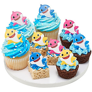 DecoPac Pinkfong Baby Shark 24 Cake Toppers - Blue, Pink, Yellow Cupcake Decorations for Birthday Celebrations