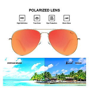 Versol Aviator Sunglasses for Men Women Mirrored Lens UV400 Protection Lightweight Polarized Aviators Sunglasses Orange Mirror Lens