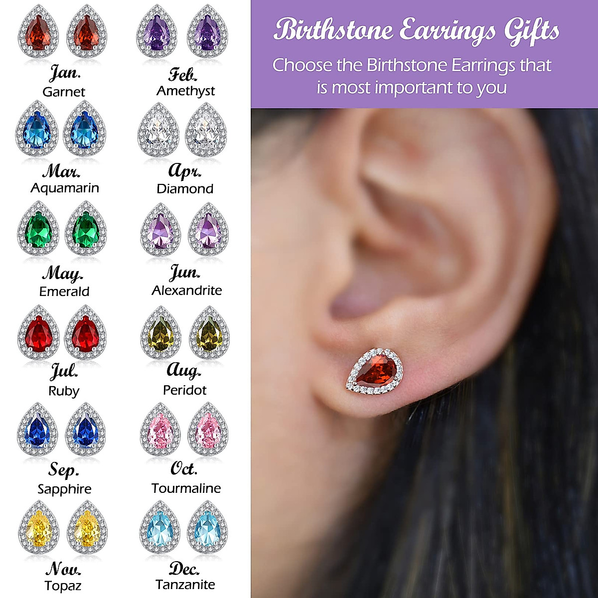 Nupdot Silver February Birthstone Teardrop Stud Earrings for Women, 925 Sterling Silver Post Cubic Zirconia Faux Diamond Halo Studs Jewelry for Birthday Christmas Bridesmaids Gifts