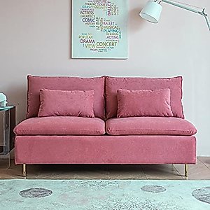 Seegool Modern 2-Seat Love Seat Sofa, Armless Sofa Bench Cotton Linen Fabric and Gold Metal Legs, Small Couch for Living Room, Bedroom, Apartment Small Spaces, 60 inch Pink