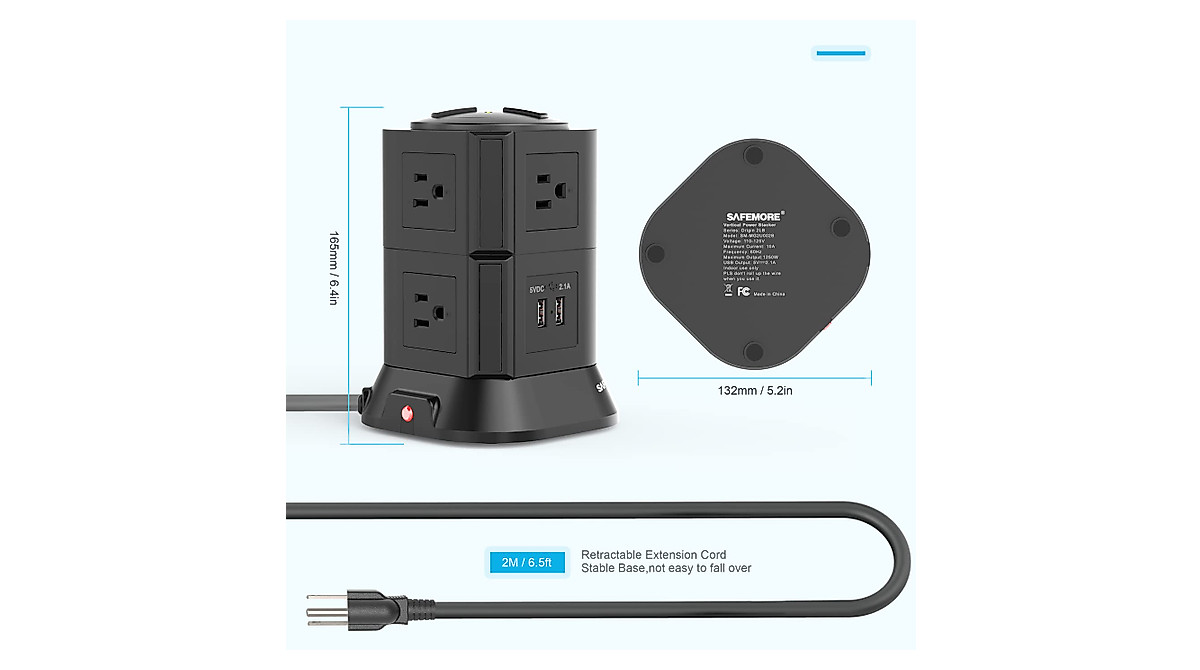 Power Strip Tower with 7 Outlets & 2 USB Ports